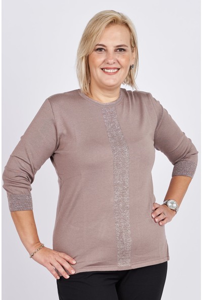 Büşra Kadın Simli Şerit Detaylı Triko Kazak 3998221 Vizon