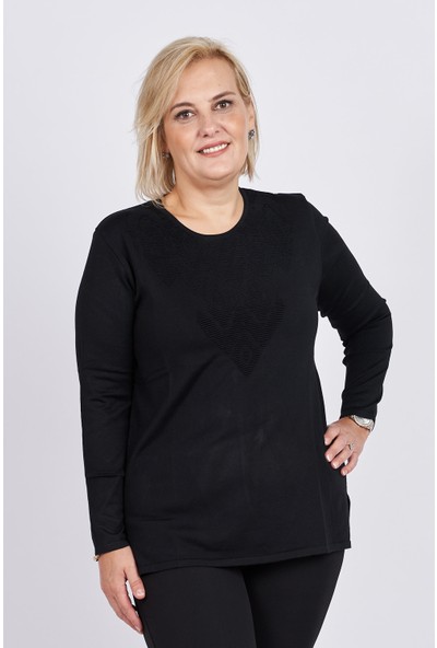 Büşra Kadın Kabartma Desenli Yuvarlak Yaka Triko Kazak 3998218 Siyah