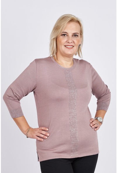 Büşra Kadın Simli Şerit Detaylı Triko Kazak 3998221 Pudra