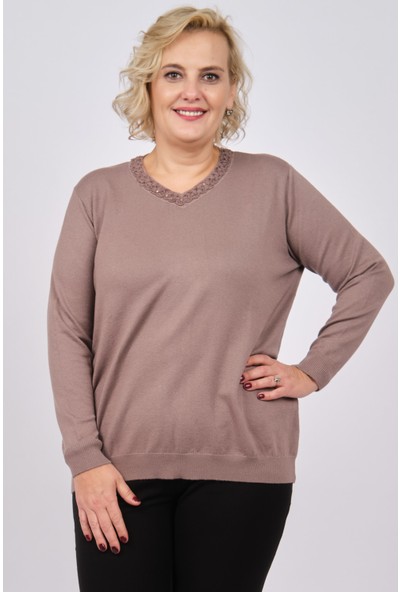 Desen Triko Kadın Yaka Detaylı Kazak 0247055 Vizon