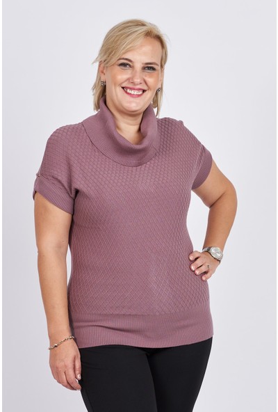 Büşra Kadın Degaje Yaka Kısa Kollu Triko Kazak 3997223 Pudra