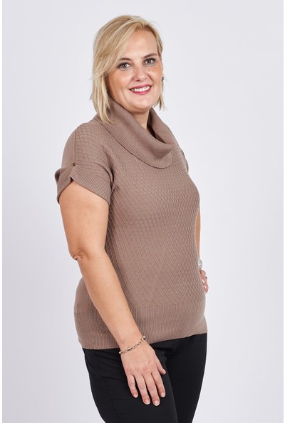 Büşra Kadın Degaje Yaka Kısa Kollu Triko Kazak 3997223 Vizon