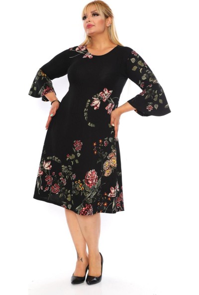 Zto Çiçek Desen Volan Kol Krep Büyük Beden Elbise Zto Çiçek Desen Volan Kol Krep Büyük Beden Elbise