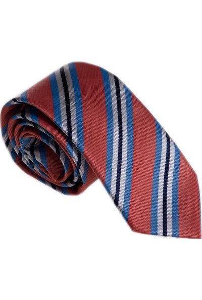 Exve Exclusive Yavruağzı Mavi Çizgili Italyan Jakar Kravat