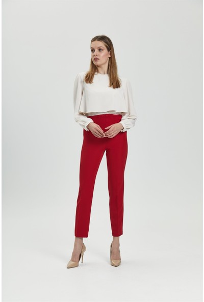 Esswaap Kırmızı Yandan Fermuarlı Beli Lastikli Pantolon