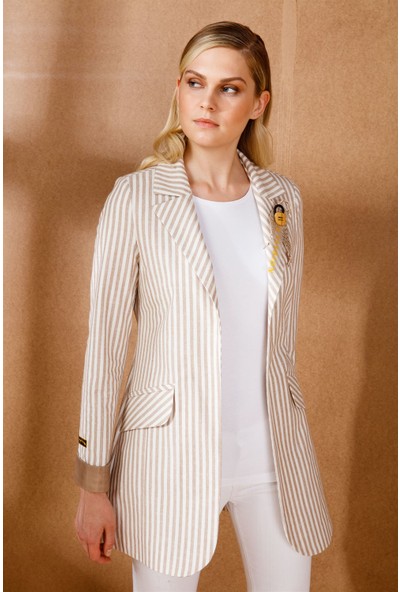 Esswaap Bej Çizgili Sol Yaka Broslu Spor Ceket