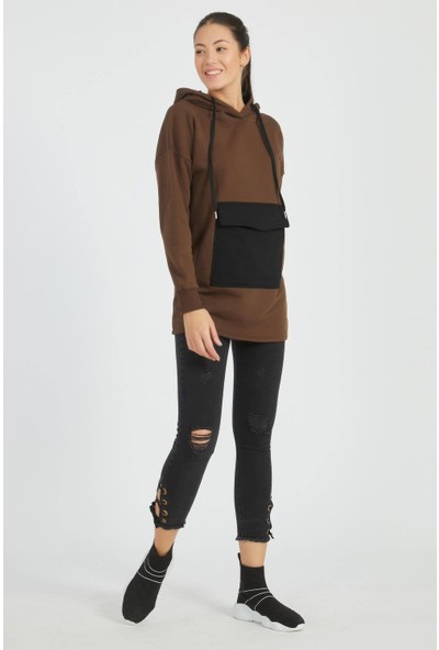 Espina Kadın Kahve Sweatshirt Kapüşonlu