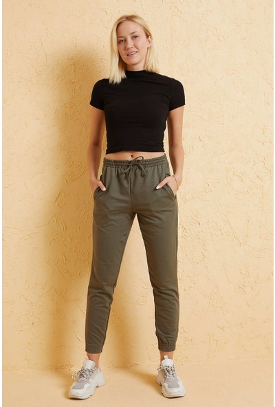 Espina Kadın Örme Kumaş Cepli Eşofman Altı Haki Yeşili