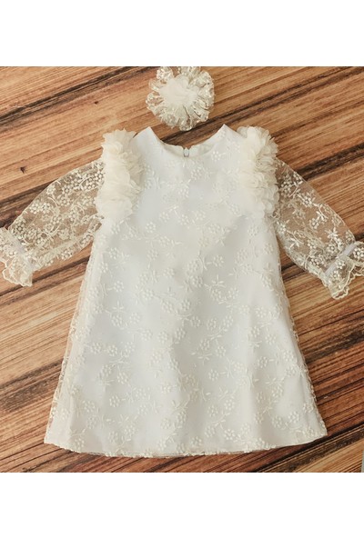 Ellussi Omuz Çiçek Detayli Dantelli Beyaz Model Elbise