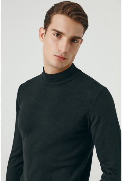 D'S Damat Regular Fit Siyah Yarım Balıkçı Yaka Kazak