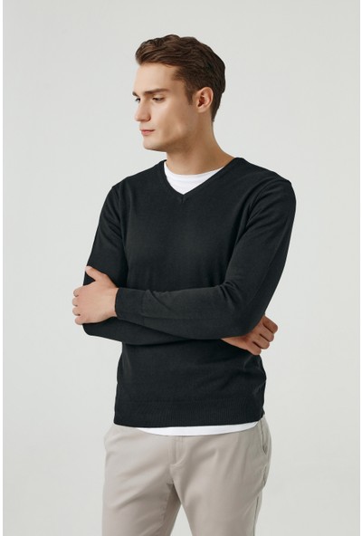 Ds Damat Regular Fit Siyah V Yaka Kazak