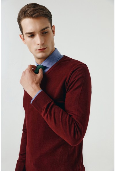 Ds Damat Regular Fit Bordo V Yaka Kazak