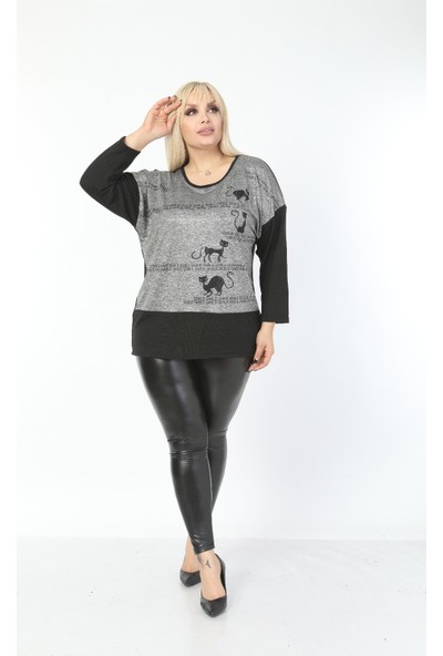 Vaov Kadın Yazılı Kedili Taş Işlemeli Uzun Kollu Bluz