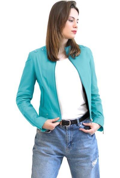 Vigor Leather Freesia Turkuaz Kadın Deri Ceket