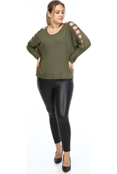 Zerotantik Kolu Taşlı Büyük Beden Bluz Haki