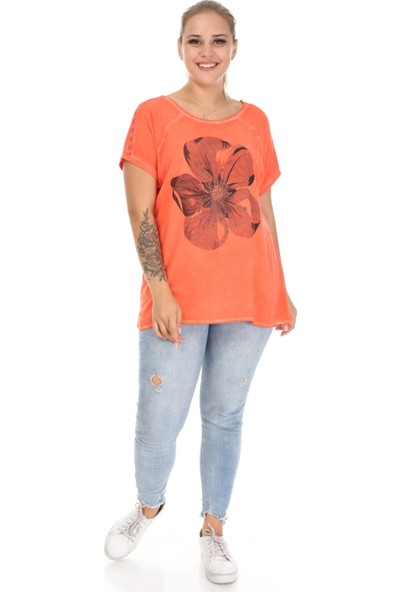 Zerotantik Taşlı Çicek Baskılı Büyük Beden Bluz Mercan