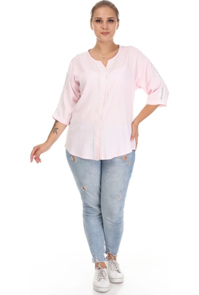 Zerotantik Güpür Dantelli Düğmeli Büyük Beden Bluz Pembe