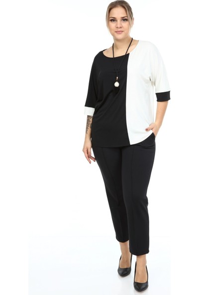 Zerotantik Iki Renk Kolyeli Büyük Beden Bluz Siyah-Ekru Zerotantik Iki Renk Kolyeli Büyük Beden Bluz Siyah-Ekru