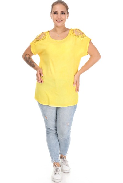 Zerotantik Güpür Dantelli Yıkamalı Büyük Beden Bluz Sarı