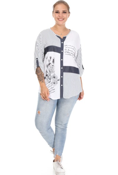 Zerotantik Kot Garni Çiçek Baskılı Büyük Bedentunik Beyaz-Lacivert