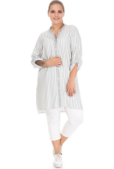 Zerotantik Hakim Yaka Büyük Beden Çizgili Tunik Beyaz-Gri