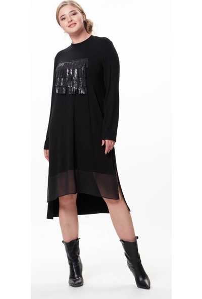 Zerotantik Önü Püsküllü Şifon Detay Büyük Bedentunik Elbise Siyah