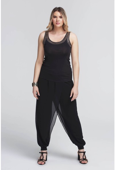 Zerotantik Anvelop Şifon Katlı Büyük Beden Şalvar Pantolon Siyah