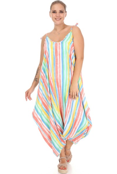 Zerotantik Askısı Boncuklu Renkli Salaş Büyük Beden Tulum Alaca