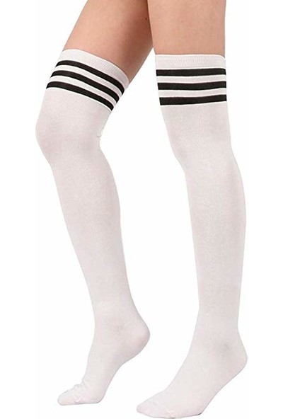 Cindiy Çizgi Detaylı Diz Üstü Çorap Beyaz