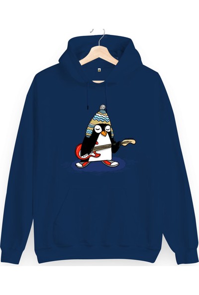 Tisho Rock Penguen Baskılı Unisex Kapüşonlu Sweatshirt