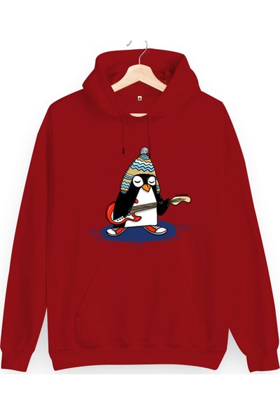 Tisho Rock Penguen Baskılı Unisex Kapüşonlu Sweatshirt