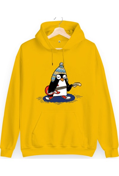 Tisho Rock Penguen Baskılı Unisex Kapüşonlu Sweatshirt