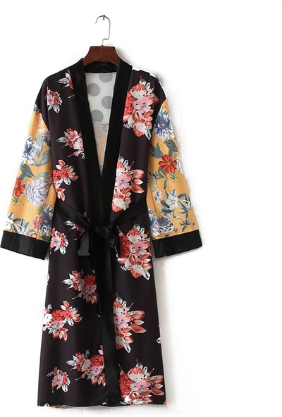 Buyfun Kadın Çiçek Desenli Kemerli Kimono - Siyah (Yurt Dışından)