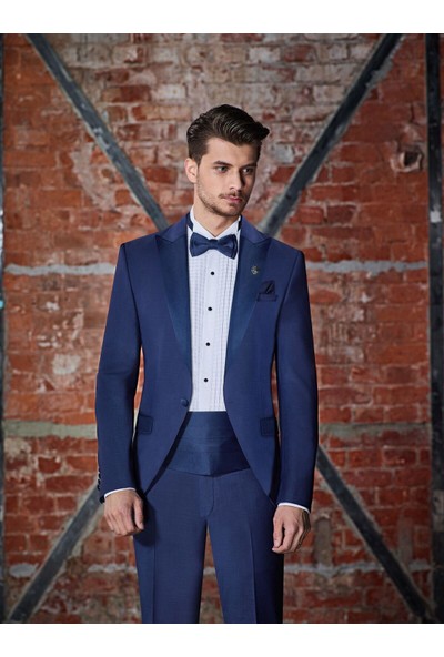 Baggi Erkek Slim Fit Düz Papyon Kuşaklı Smokin