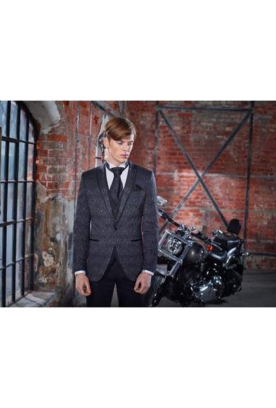 Baggi Erkek Slim Fit Desenli Yelekli Smokin Baggi Erkek Slim Fit Desenli Yelekli Smokin