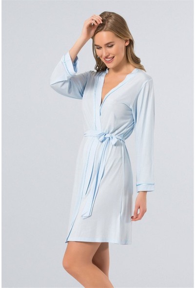 Türen 3164 Kadın Mavi Düz Sabahlık -3164