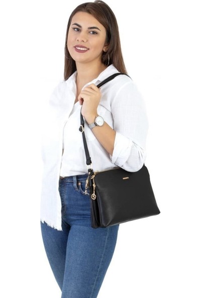 ÇLK Accessories 3 Bölmeli Omuz Çantası Siyah TRÇANTA0042