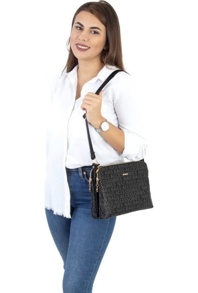 ÇLK Accessories 3 Bölmeli Omuz Çantası Baskılı Siyah TRÇANTA0043