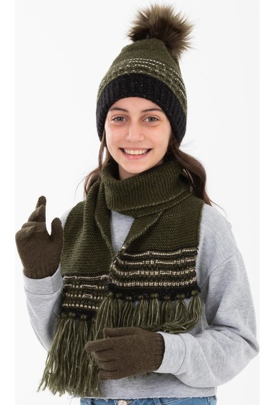 Forum Fashion Renkli Ponponlu Kız Çocuk Atkı Bere Eldiven Takımı