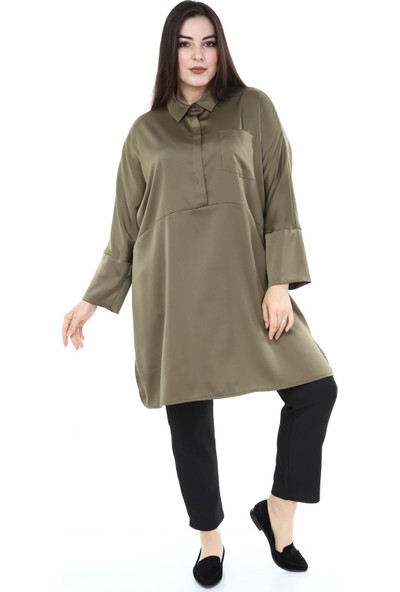 Moda Minerva Haki Saten Uzun Kollu Büyük Beden Tunik 1K4216BD