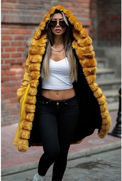 Keyifli Moda Kadın Hardal Su Geçirmez Içi Kürklü Kapüşonlu Kürk Yaka Kaban Keyifli Moda Kadın Hardal Su Geçirmez Içi Kürklü Kapüşonlu Kürk Yaka Kaban