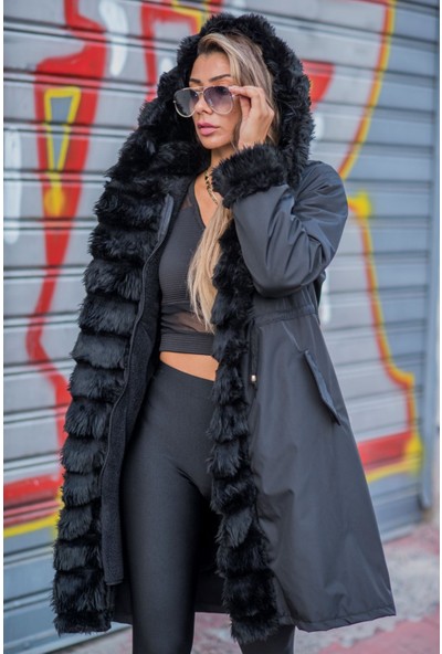 Keyifli Moda Kadın Siyah Su Geçirmez Içi Kürklü Kapüşonlu Kürk Yaka Kaban Keyifli Moda Kadın Siyah Su Geçirmez Içi Kürklü Kapüşonlu Kürk Yaka Kaban