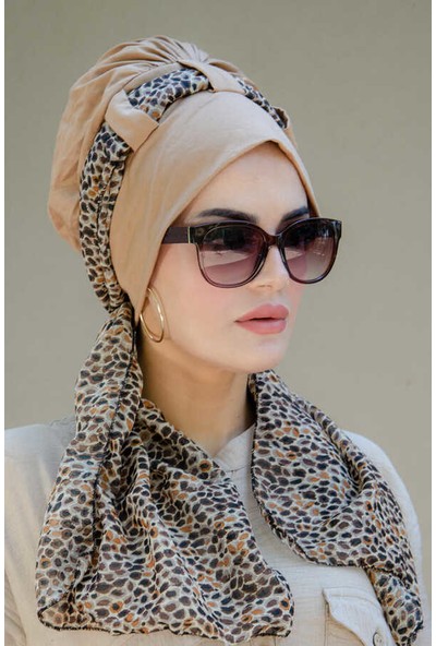 Aişe Tesettür Bej Kahve Fularlı Bone