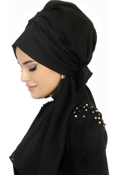 Aişe Tesettür Siyah Çiçekli Zincir Bone Şal