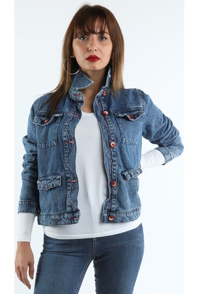 Balins Kırmızı Dikişli Kot Ceket Koyu Mavi