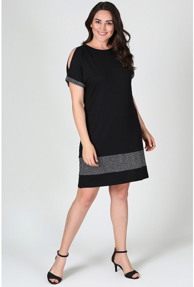 Curvy Trend Büyük Beden Eteği Kol Ucu Simli Elbise Curvy Trend Büyük Beden Eteği Kol Ucu Simli Elbise