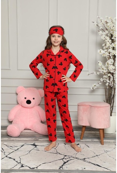 Buse & Eylül Bebe Kırmızı Mickey Desenli Göz Bandlı Kız Çocuk Pijama Takımı