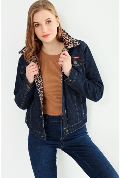 Chuba Kadın Leopar Desen Kürklü Lacivert Kot Mont 21W223