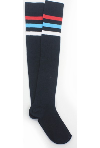 Hane14 Cozy Renkli Çizgili Pamuklu Diz Üstü Çorap Lacivert