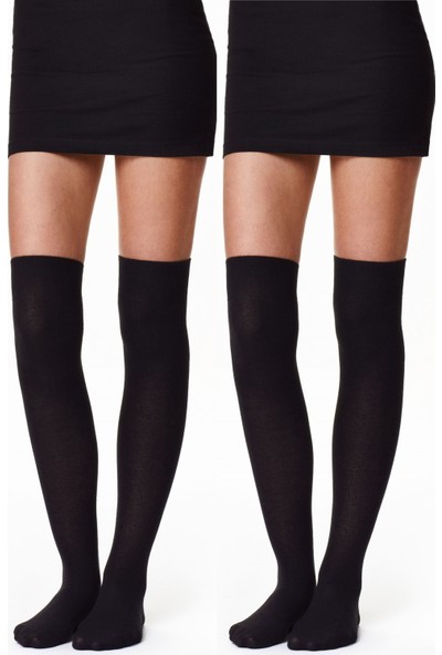 Hane14 Diz Üstü Koton Çorap Siyah 2'li Paket